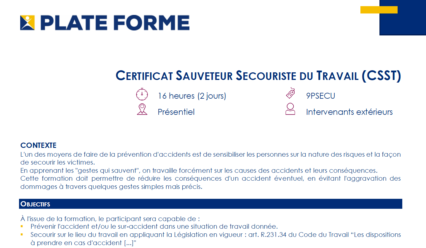 CERTIFICAT SAUVETEUR SECOURISTE DU TRAVAIL (CSST) - Plate Forme